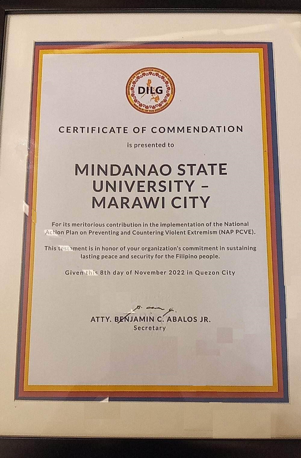 Commendation for Peace Initiatives - MSU Main Campus - Marawi City